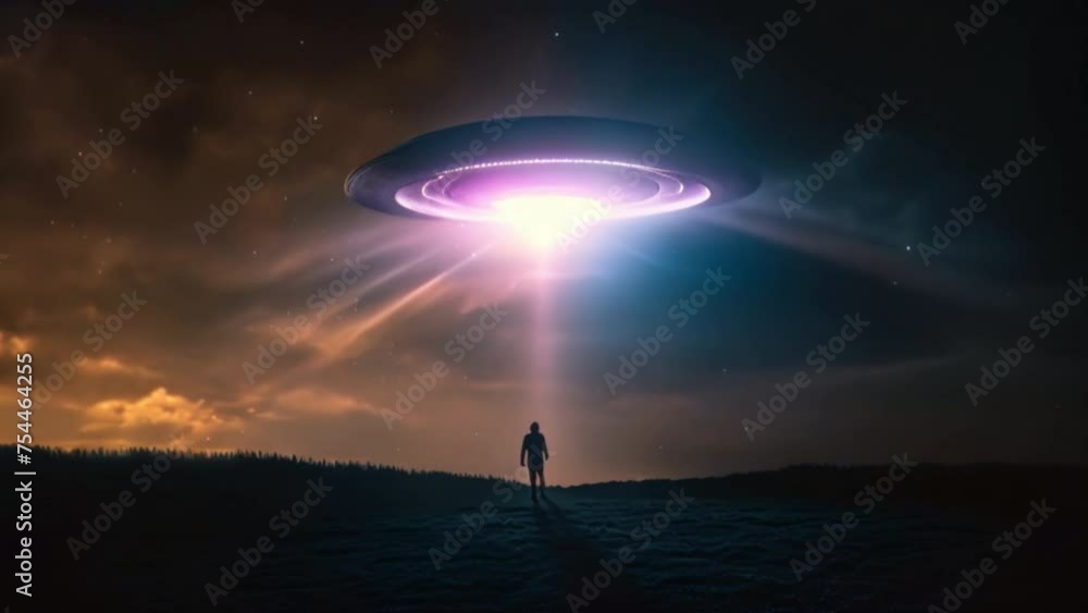 A man looks at a UFO or alien floating above a rice field in the clouds ...