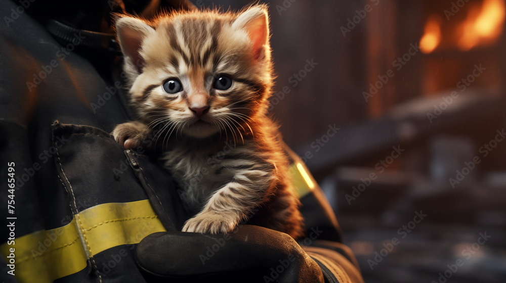 Kitten rescued from a fire. A kitten was rescued by a fireman from a ...
