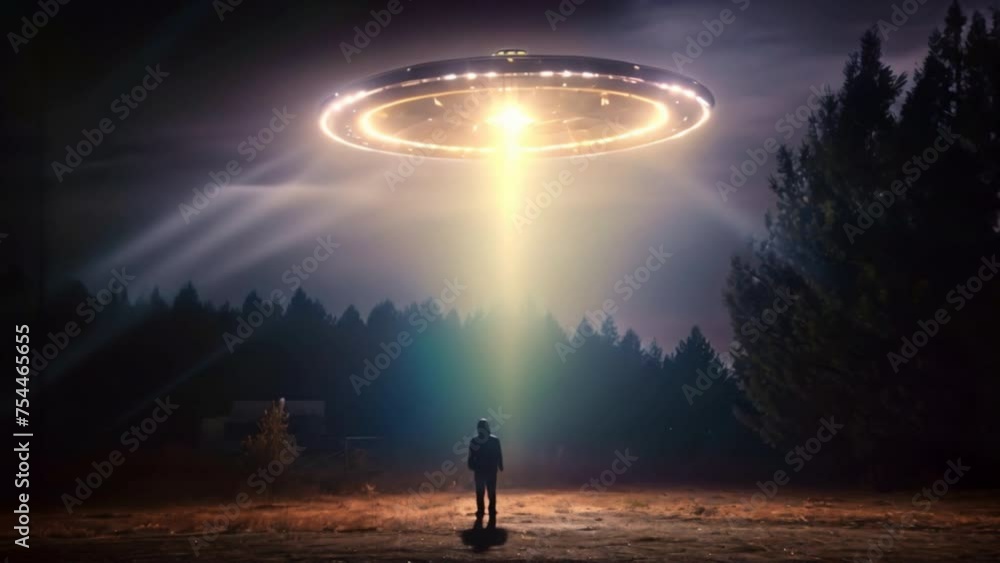 Vidéo Stock A man looks at a UFO or alien floating above a rice field ...