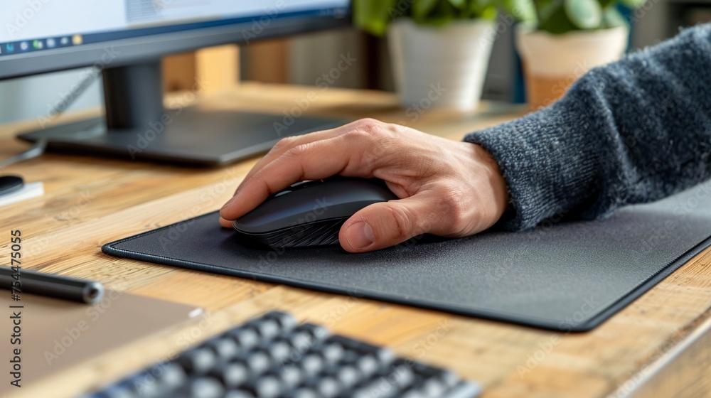 Hand reaching for a sleek, modern computer mouse on a clutter-free desk ...