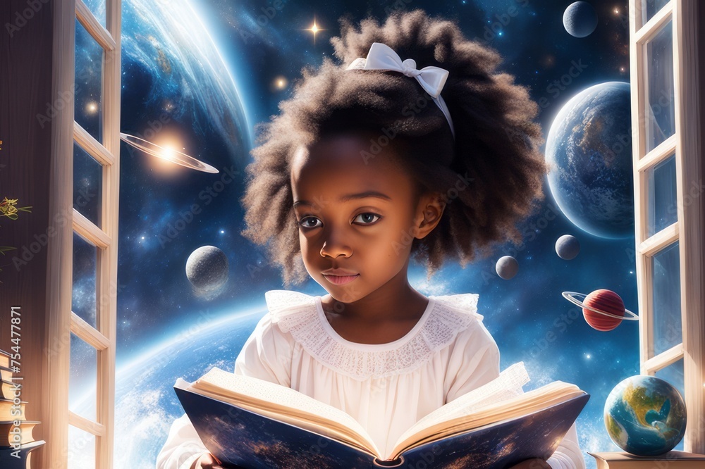 Menina negra, lendo um licro ao lado de uma janela de onde se vê o ...