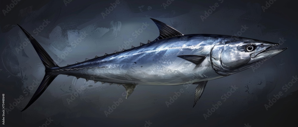a drawing of a blue marlin fish on a dark background with a light ...