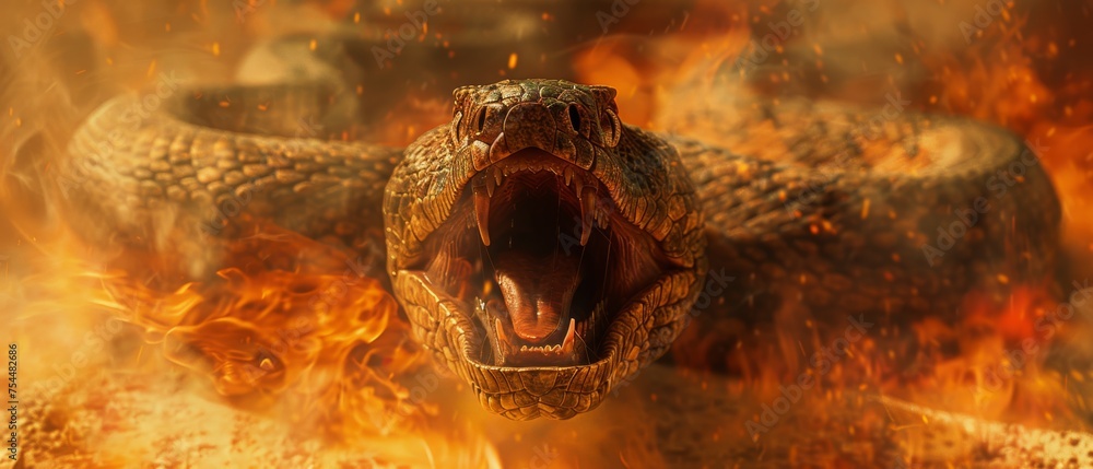 a close up of a snake on fire with it's mouth open and it's mouth wide ...