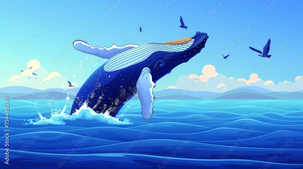 Animated Image of a Playful Humpback Whale Breaching in a Peaceful Blue ...