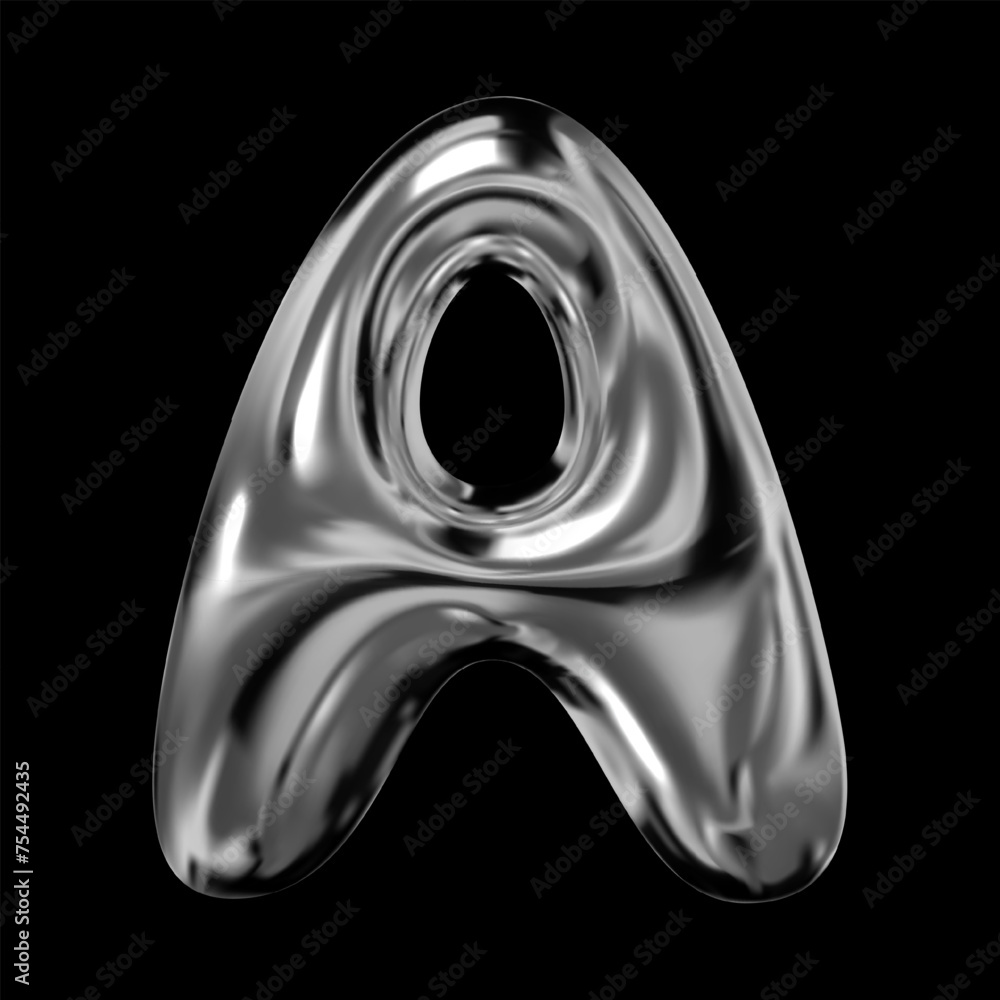 3D chrome letter A from English alphabet, Y2K retro balloon bubble ...