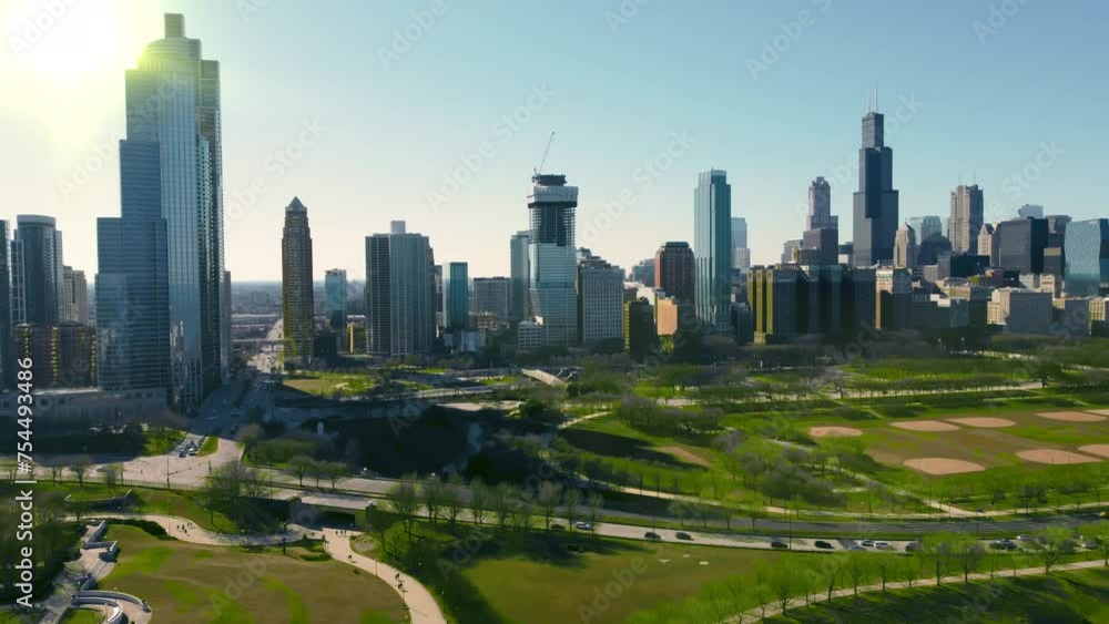 Chicago Skyline Aerial View, Urban skyline and green spaces from an ...