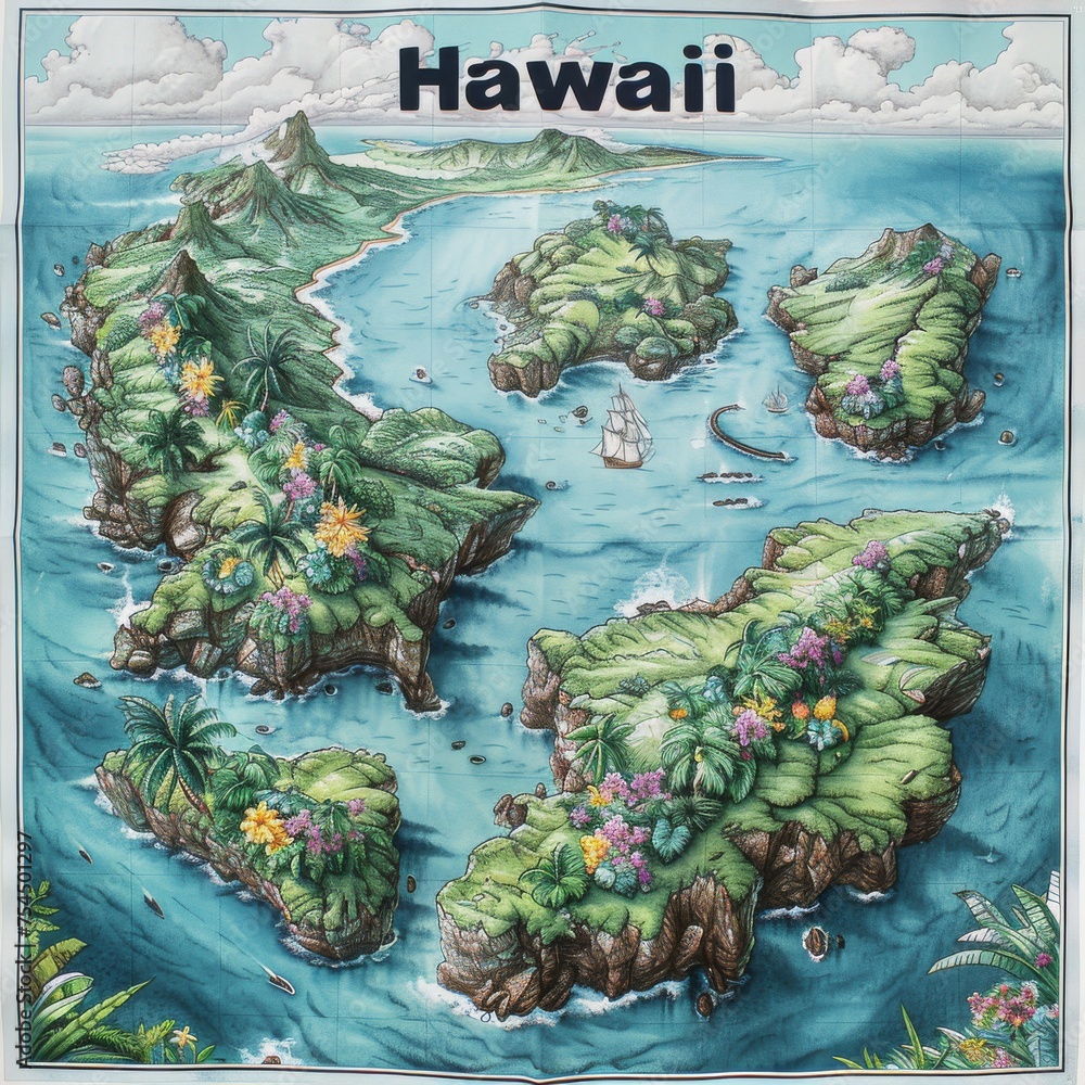 Detailed Illustrated Map of Hawaiian Islands with 3D Effect, Ideal for ...