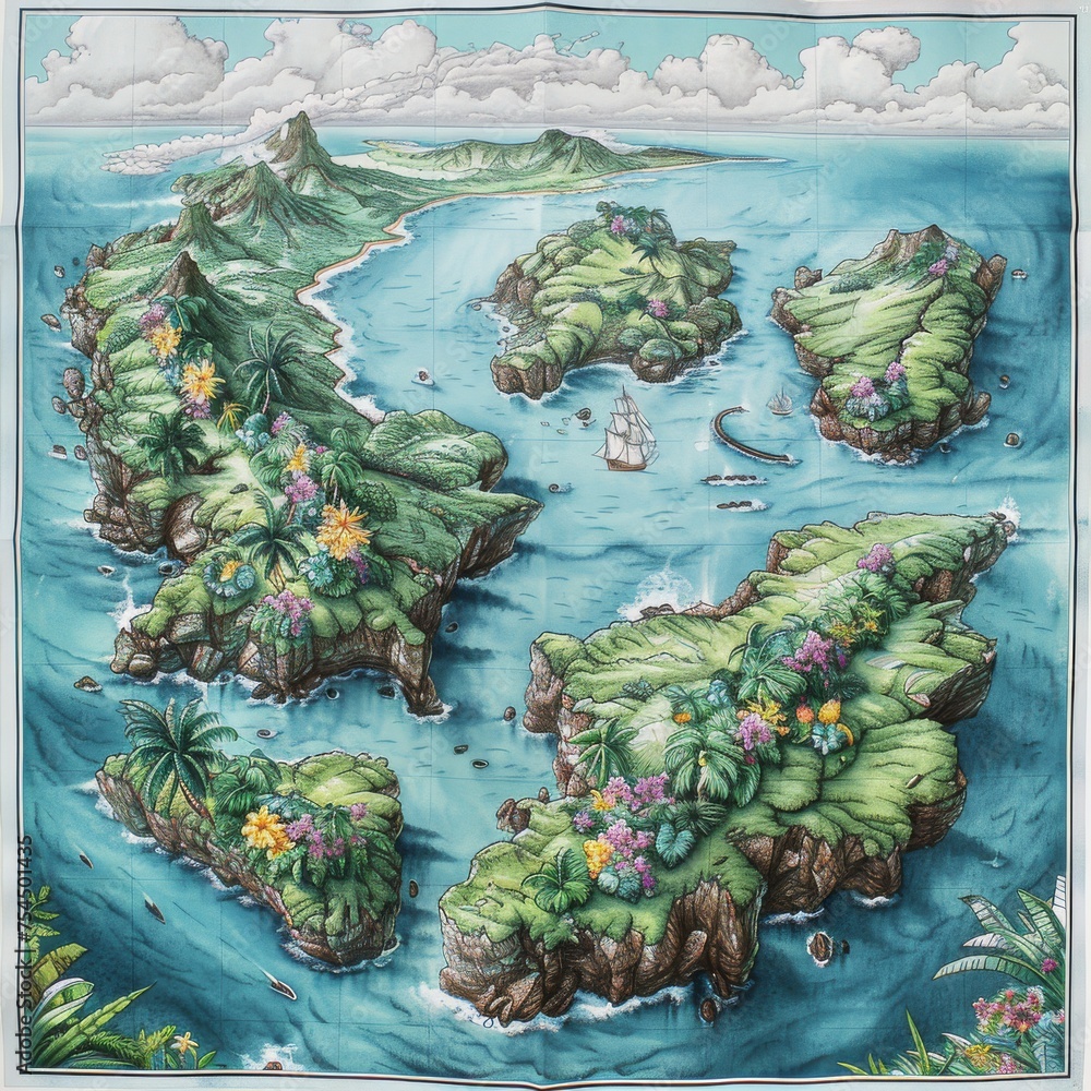 Stylized Map Illustration of Hawaiian Islands with 3D Details, Suitable ...