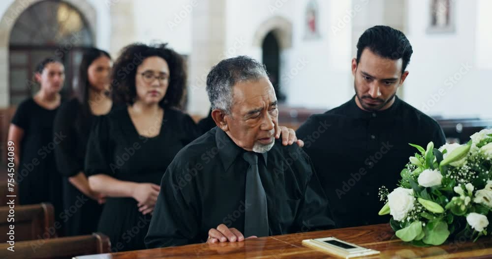 Funeral, coffin and sad man at church, mourning and console for grief ...