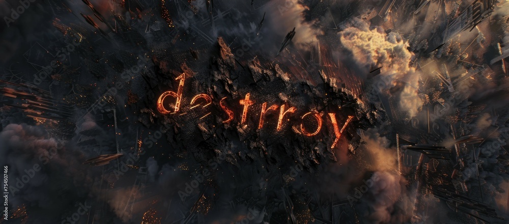 The image shows a chaotic scene with the word "destroy" written in a ...