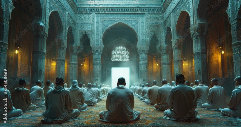 Serene Prayer Time in Majestic Mosque Men in traditional attire engage ...