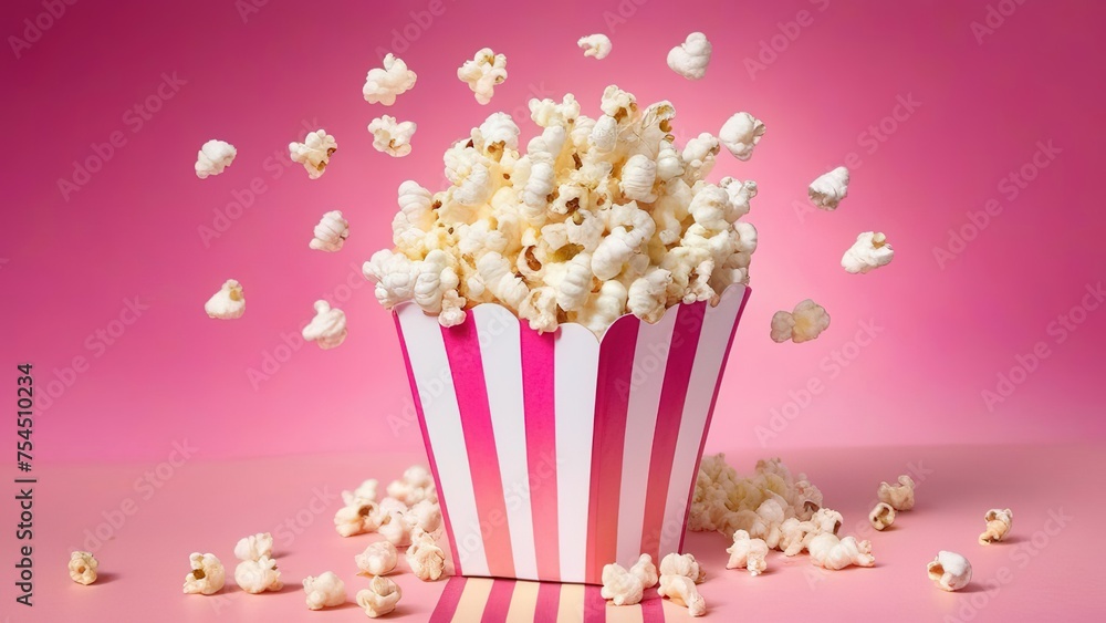 Popcorn in a striped glass on a pink background. A flat-style movie ...