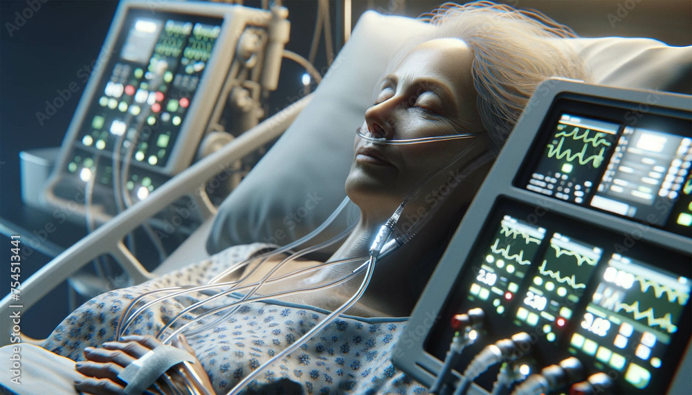 A middle-aged woman in a hospital room lying in bed. She is hooked up ...