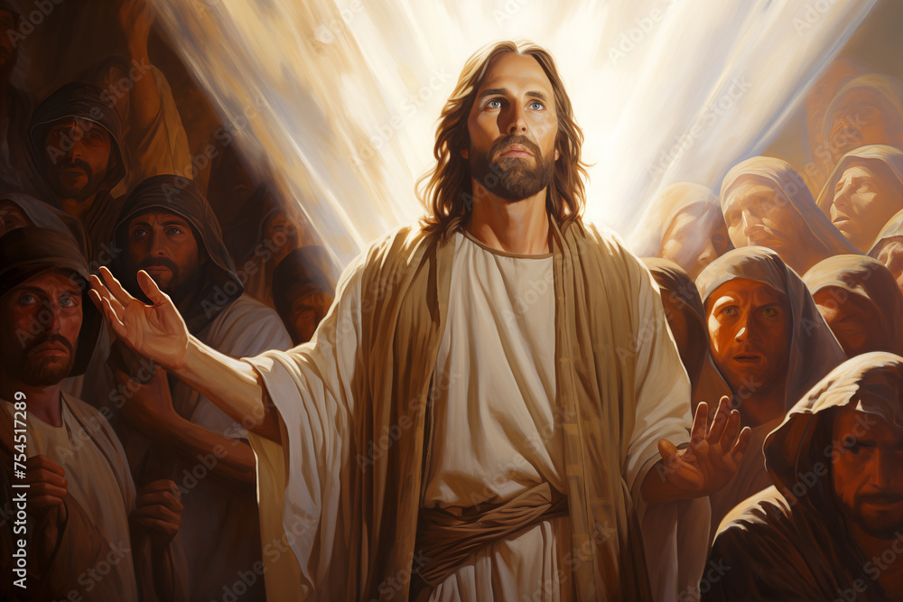 Painting of Jesus together with the disciples and the crowd in prayer ...