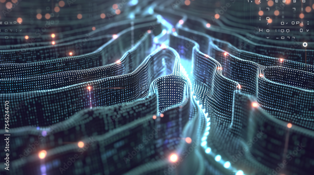 The technology concept, of a digital glowing binary codes make transmission lines, with connect ...