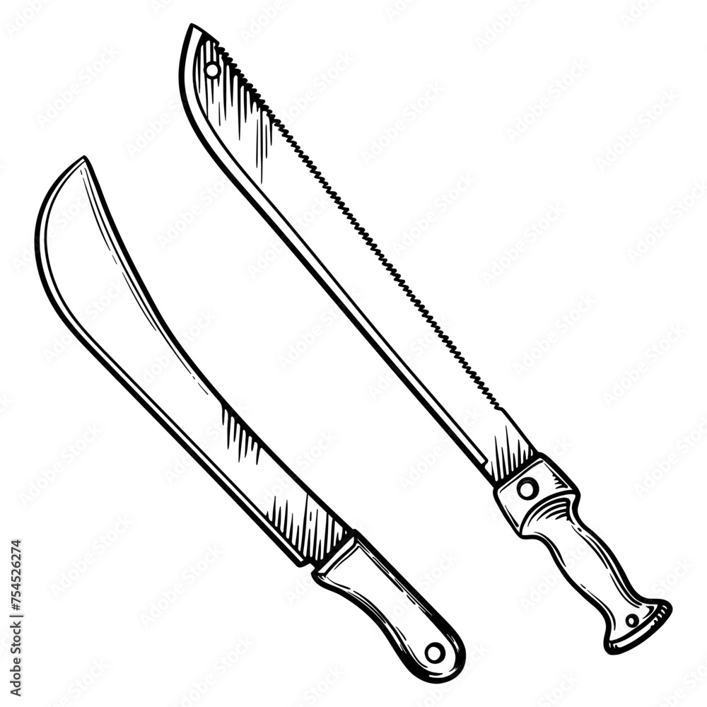Black and white drawing of Machete. Vector illustration of a machete ...
