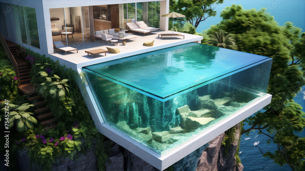 3D rendering of a modern house with an infinity pool on a cliff ...