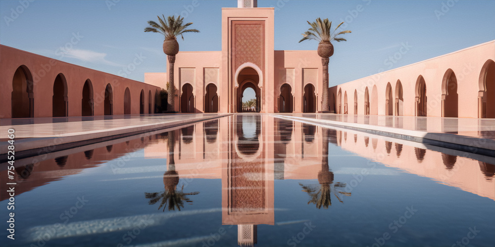 Symmetrical minimal islamic architecture with blue sky and palm trees ...
