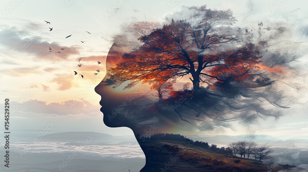 The double exposure combines a face, a forest, and flying birds. The ...
