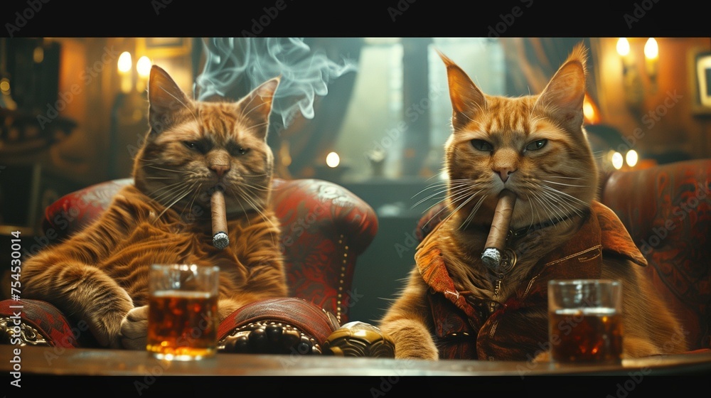 two fat cats are sitting in armchairs at the table with smoky cigars in ...
