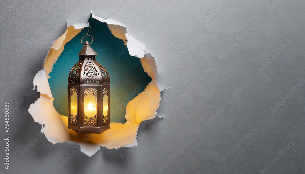 ramadan lantern poster peeking out of a hole in the wall with empty ...
