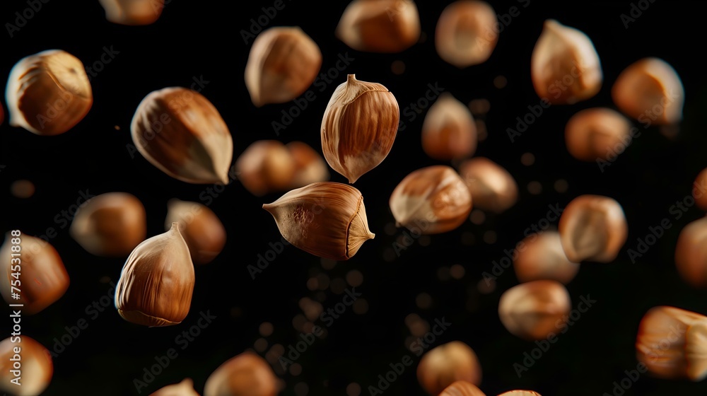 Floating hazelnuts captured mid-air against a dark backdrop, perfect ...