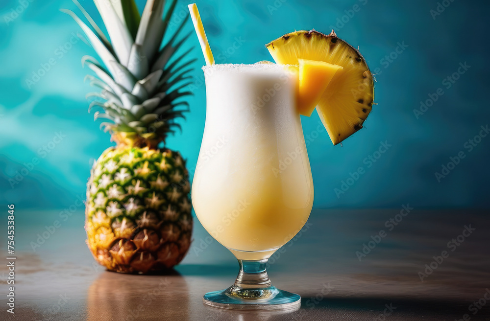 Pina Colada cocktail with rum, coconut pineapple, on wooden table ...