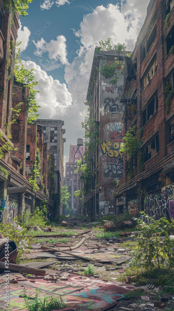 Explore an abandoned urban setting. Show decayed buildings, graffiti ...