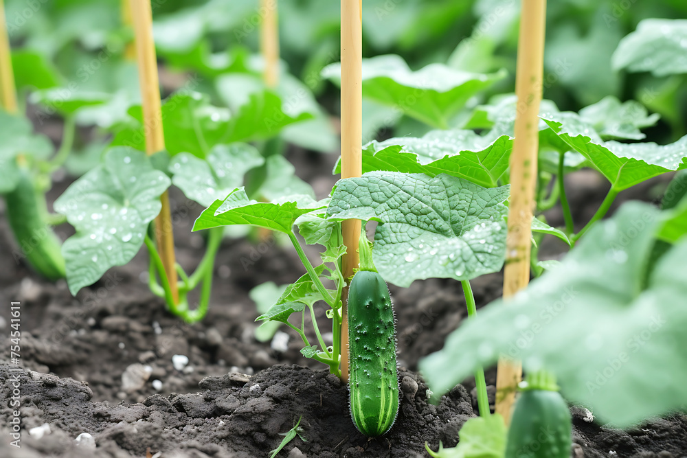 Cucumber Plants Supported by Stakes in Soil. Close-up of cucumber ...
