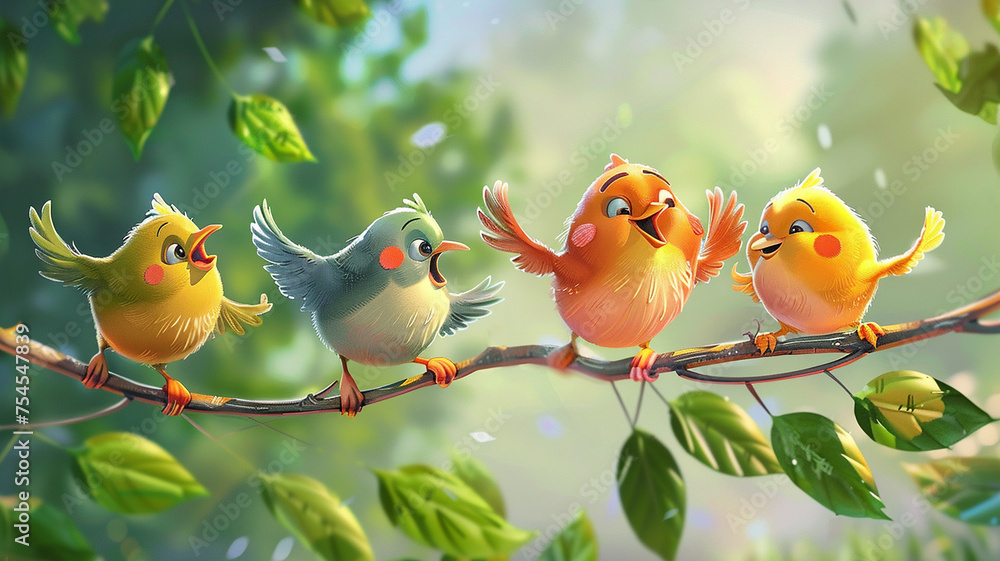A group of colorful birds sitting on a branch and singing, concept of ...