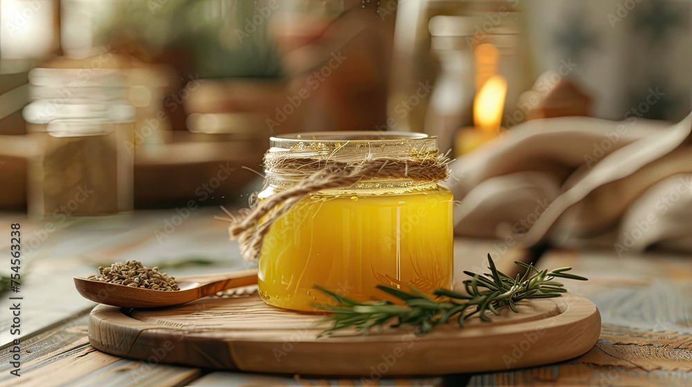 smooth texture and golden color of butter or ghee close up. The ...