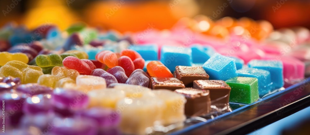 This close-up shot showcases a variety of colorful candies, each with ...