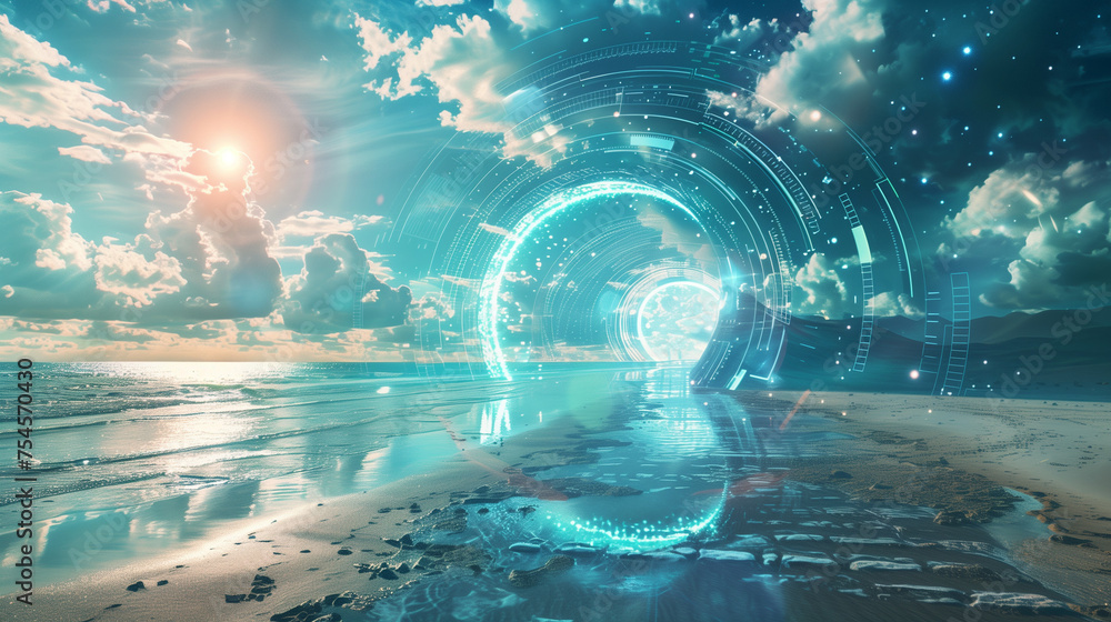 Portal on the Beach Futuristic Digital Another Dimension Time Travel ...