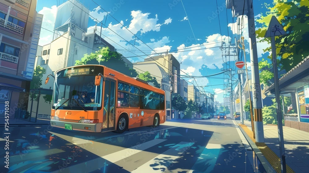 a bus driving in tokyo city in japan in the daytime. anime cozy lofi ...