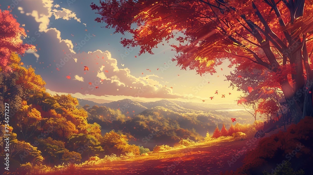 a beautiful japanese landscape view in anime cartoonish artstyle. trees ...