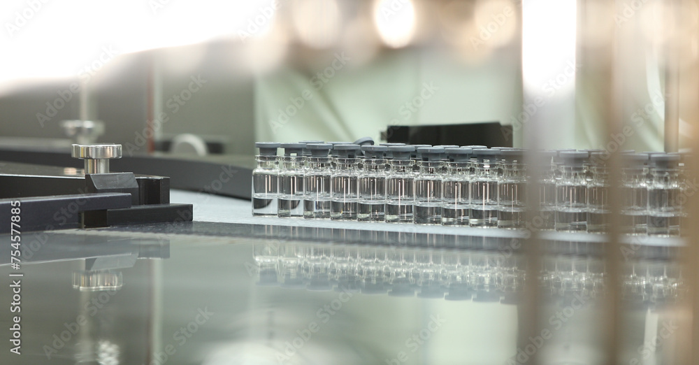 Lyophiliser with lot of liquid vaccine medicine filled glass injection ...