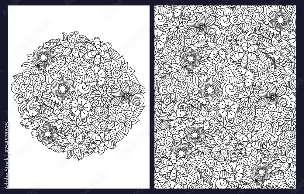 Whimsical flowers coloring pages set in zentangle style. Fantasy doodle ...