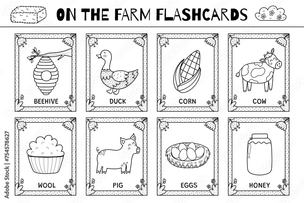 Farm flashcards black and white collection with cute characters. Flash ...