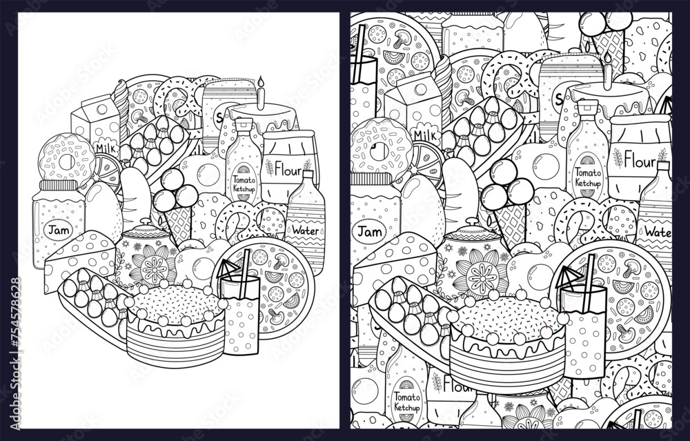 Doodle food coloring pages set. Black and white food backgrounds bundle ...