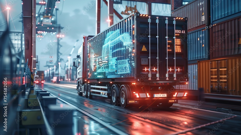 Logistics digital twins concept visualized with a container truck and ...