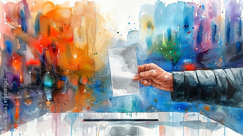 Watercolor illustration of male hand placing ballot into a voting box ...