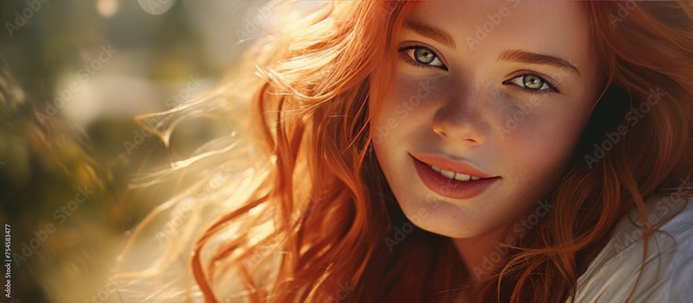 A close-up view of a pretty Danish girl with red hair, smiling happily ...