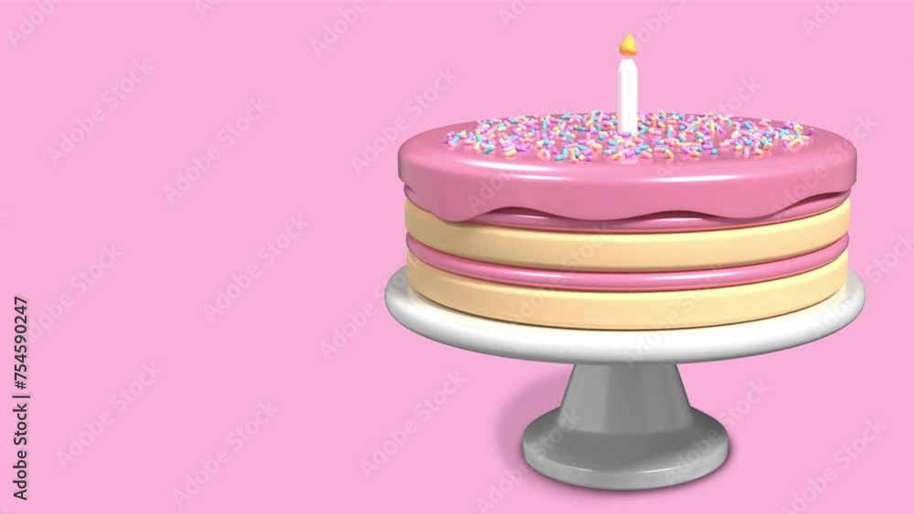 3D animation of birthday cake. Cute birthday cake animation. Pink cake ...