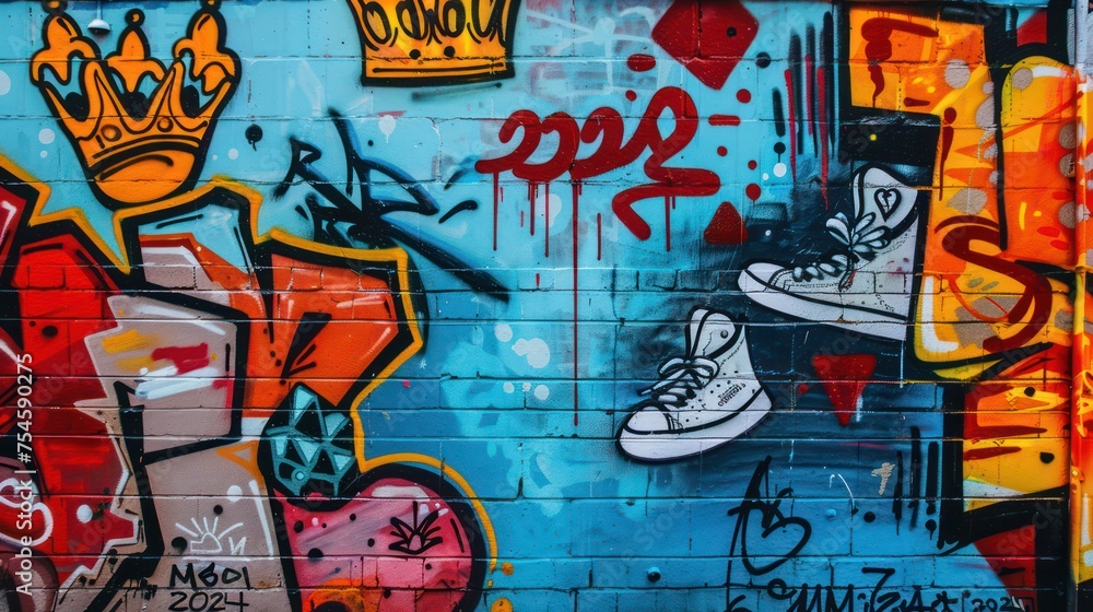 Graffiti wall adorned with spray-painted designs of graduation caps ...
