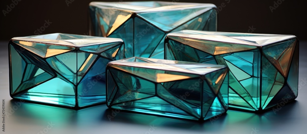 Three clear glass cubes are neatly arranged on top of a modern table ...