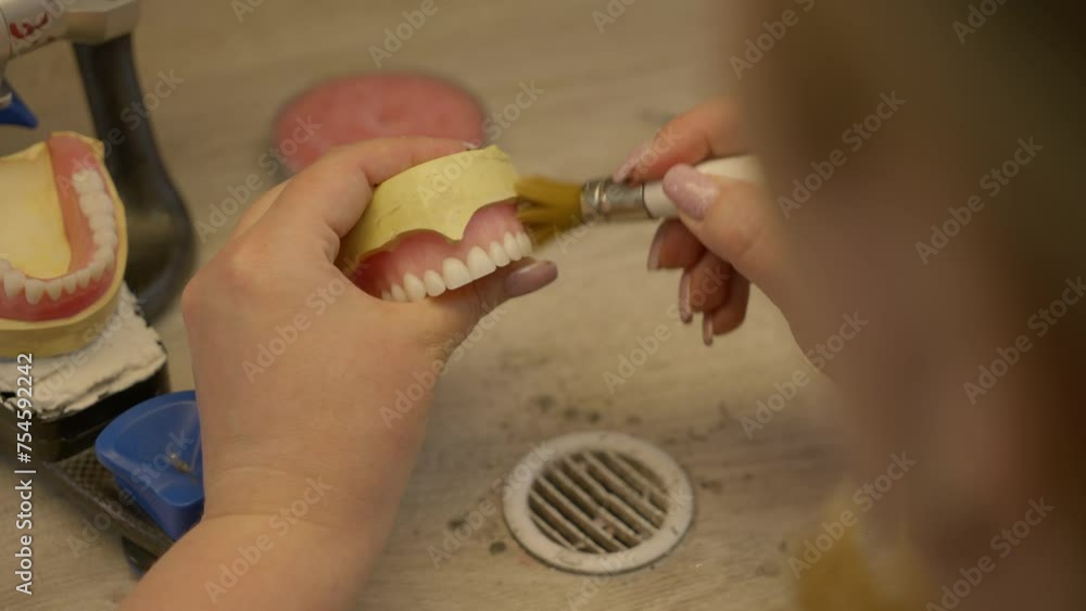 Using the orthodontology brush to clean the teeth of the full denture ...