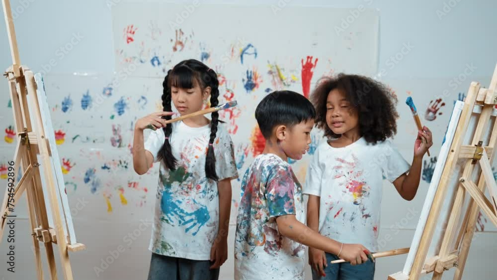 Diverse student painted or draw canvas at stained wall in art lesson ...