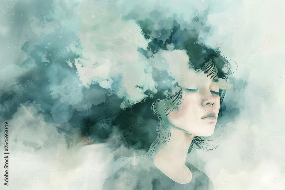 Conceptual illustration of a young woman lost in thought With her head in the clouds Symbolizing ...