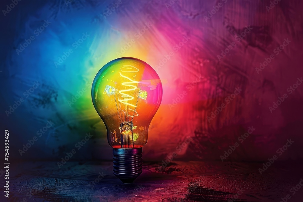 Idea bulb glowing brightly in a spectrum of colors Illustrating the ...