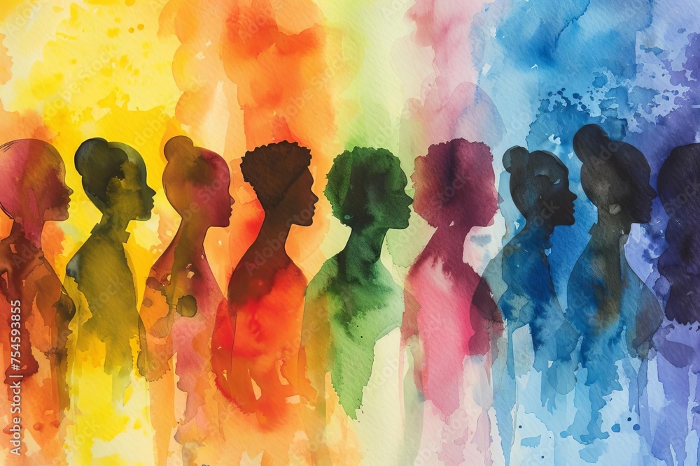 Watercolor illustration of diverse people silhouettes in a spectrum of ...